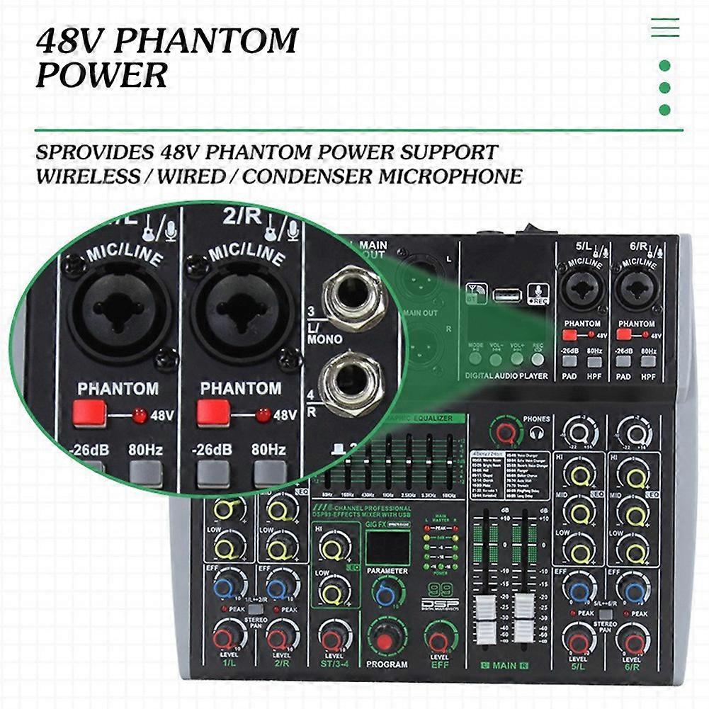 Professional Audio Mixer 6 Channel Built-in 99DSP 7-Segment Balanced ...