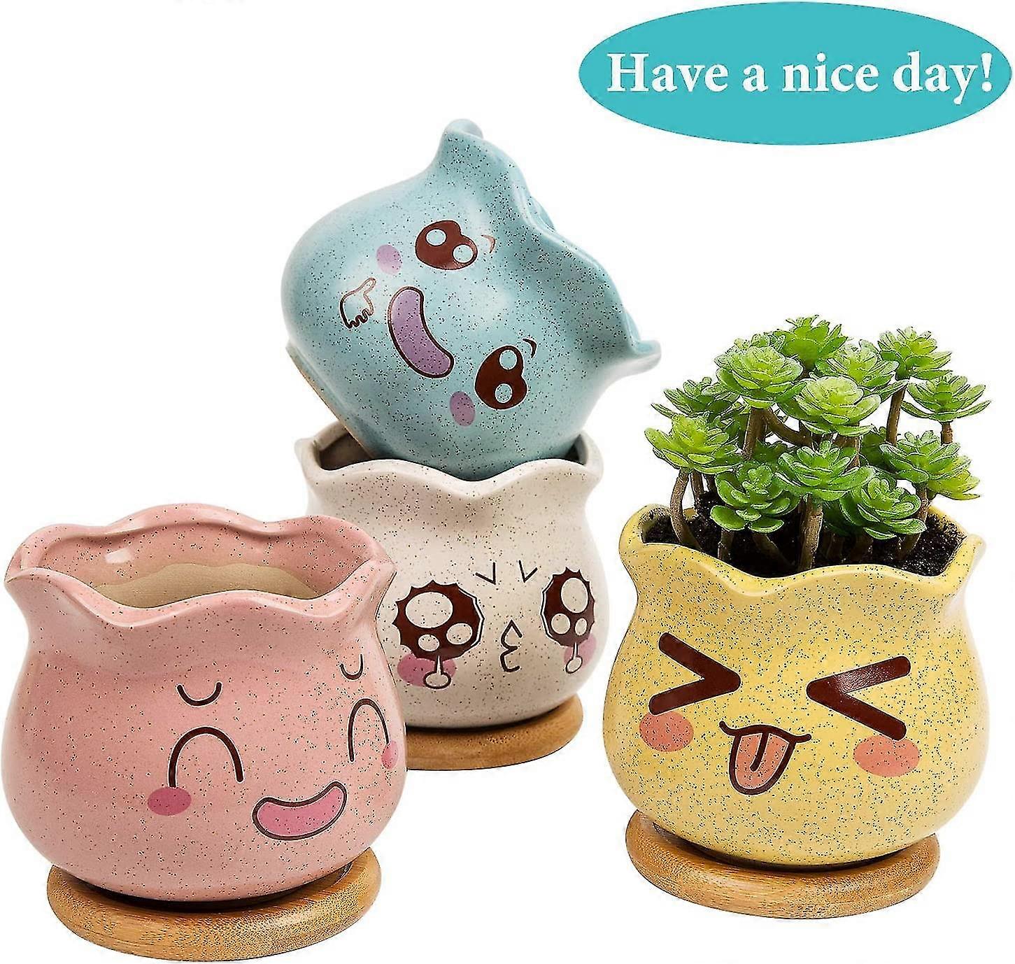 Ceramic Flower Pot With Bamboo Tray And Cute Emoticon Decor, Cute ...