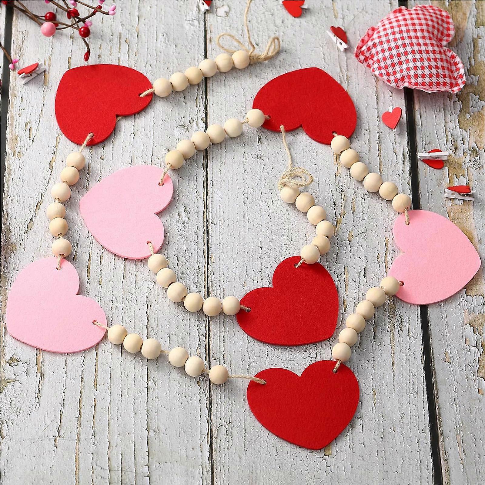 Red Pink Felt Heart Wood Beads Garland for Valentines Decorations ...