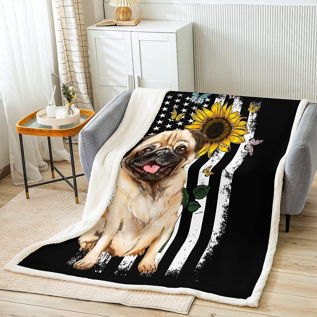 Söt mops hund sherpa filt hippie mops valp solros fjäril fleece kasta ...