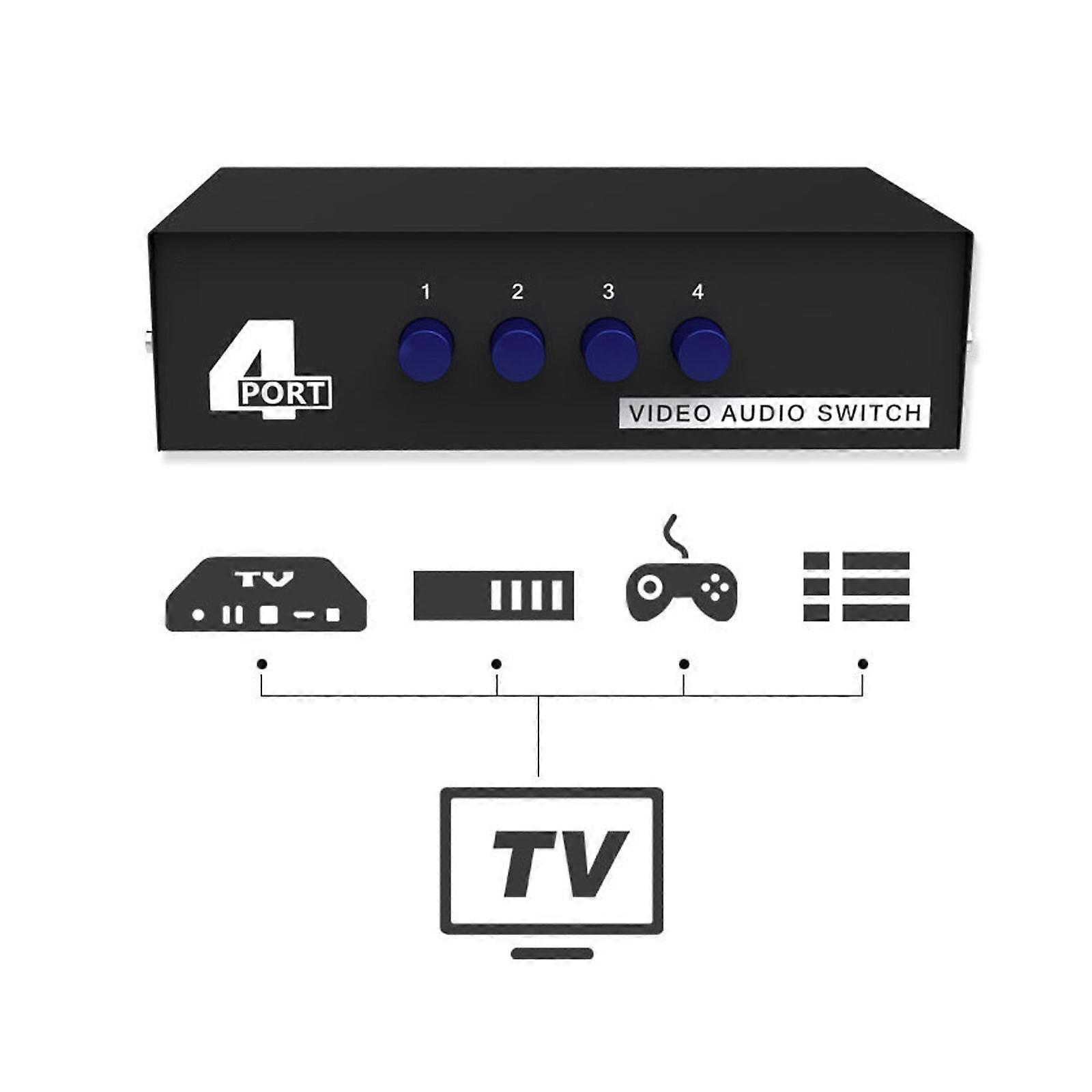 4-Port RCA Composite Video Audio AV Switch Selector Switcher Splitter ...