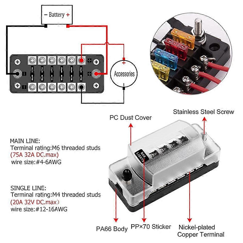6 Way Fuse Block Blade Fuse Box with Negative Bus - ATC/ATO for Boat ...