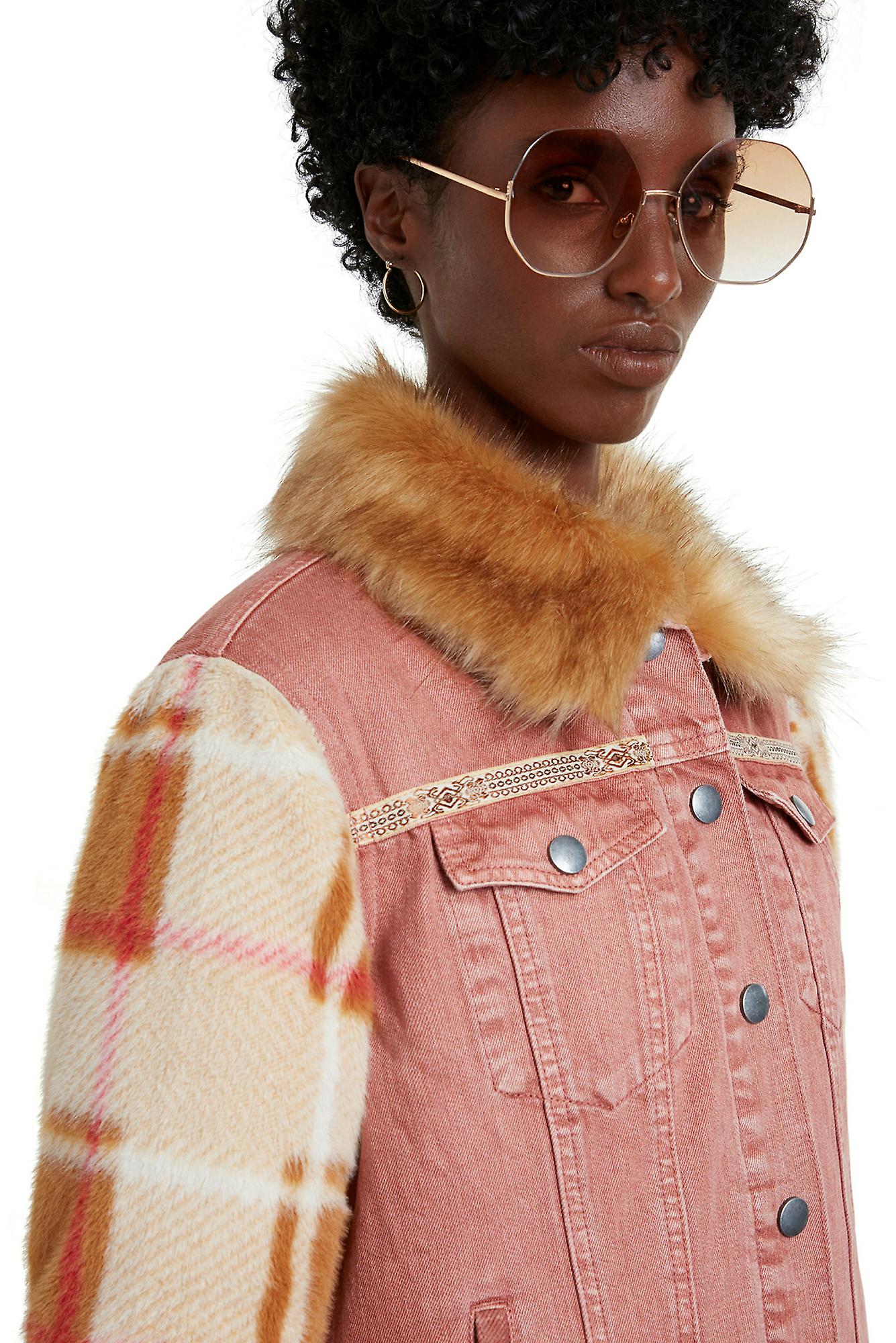 Desigual Checkis Pink Denim Jacket Checked Sleeves Faux Fur Collar ...