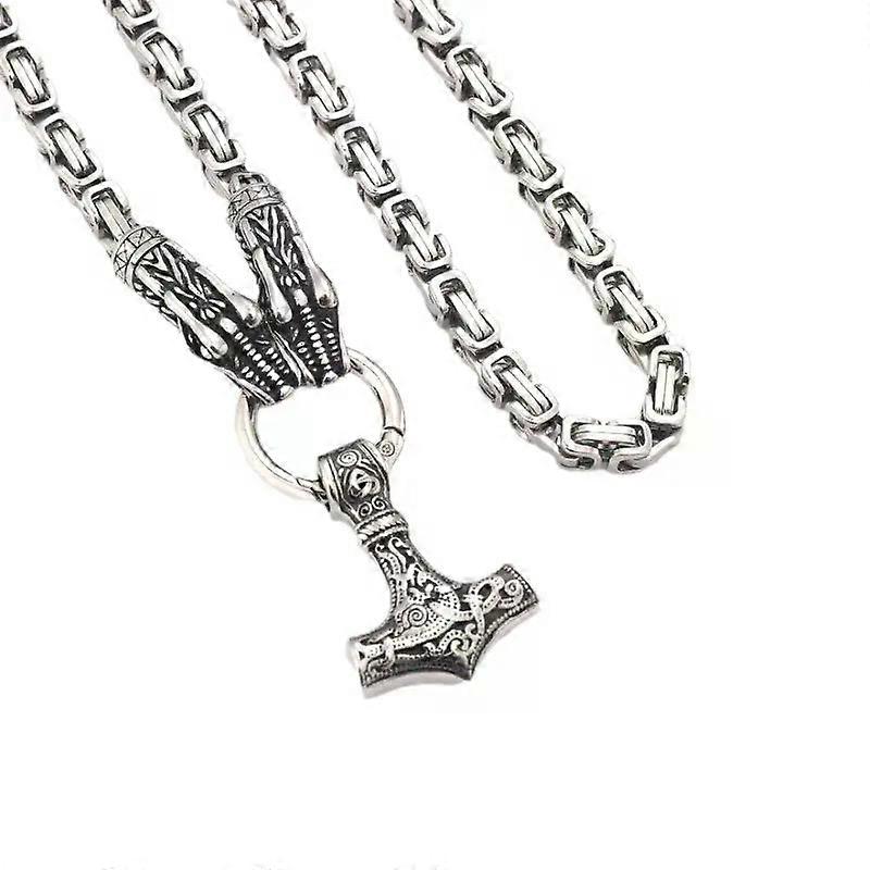 Thor's Hammer & Double Dragon Head Pendant Necklace - Stainless Steel ...