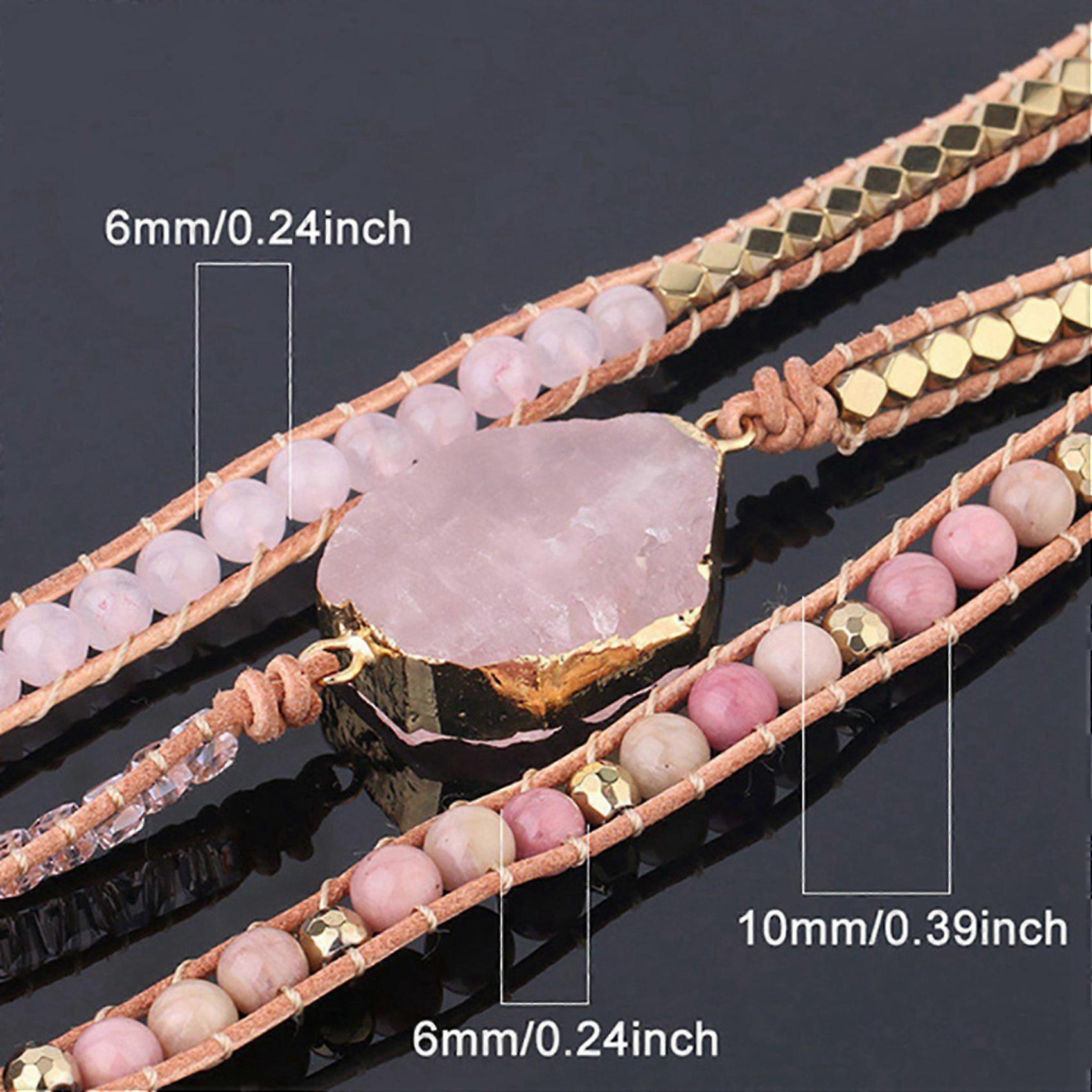 2X Natural Stone Bracelet Pink Quartz Leather Wrap Bracelets for Women ...