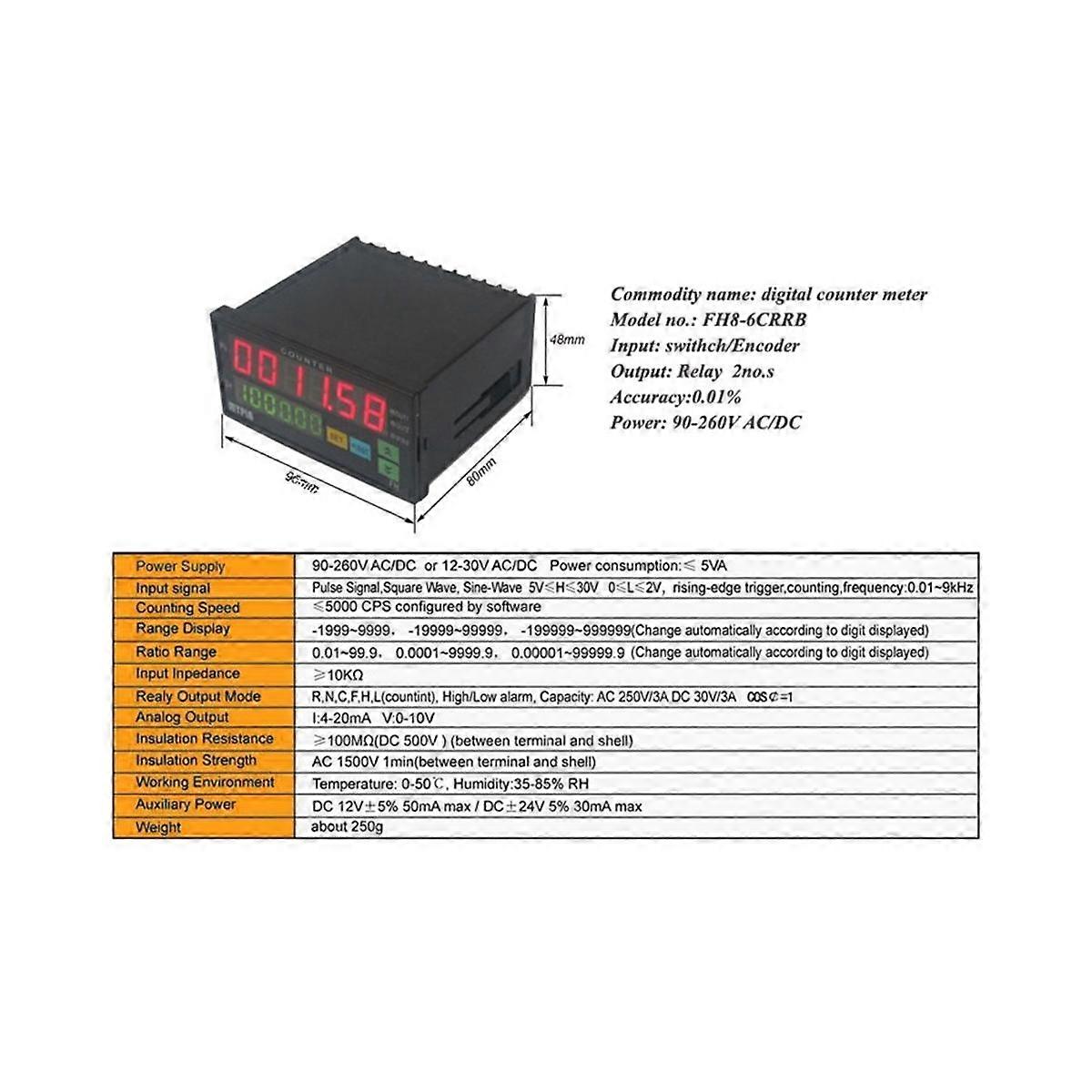 FH8-6CRRB Dual Display Digital Counter 6 Digits Light-Emitting Diode AC/DC Length Meter Black ...