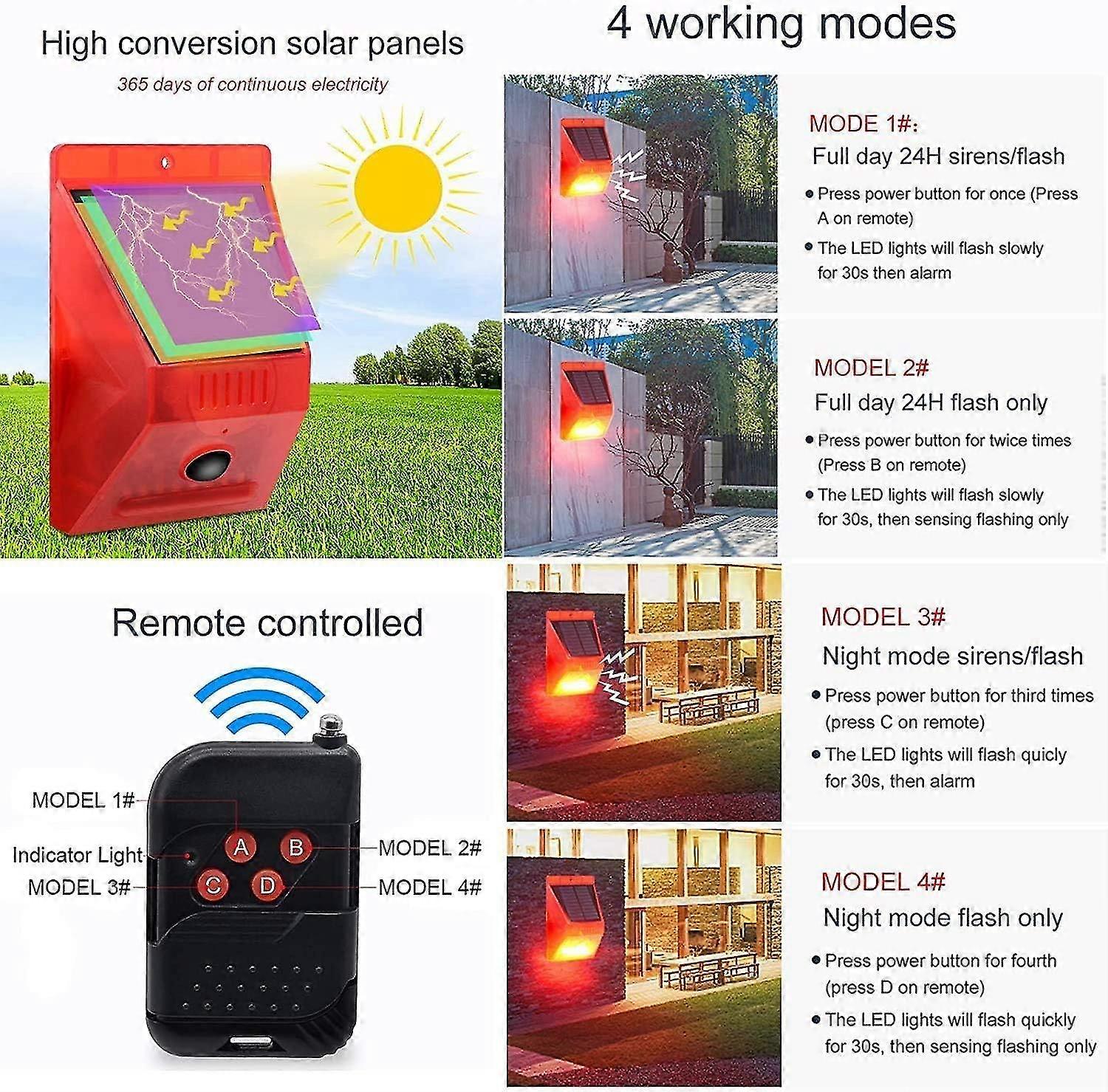 Solar Strobe Light With Remote Controller Motion Detector Outdoor Alarm ...