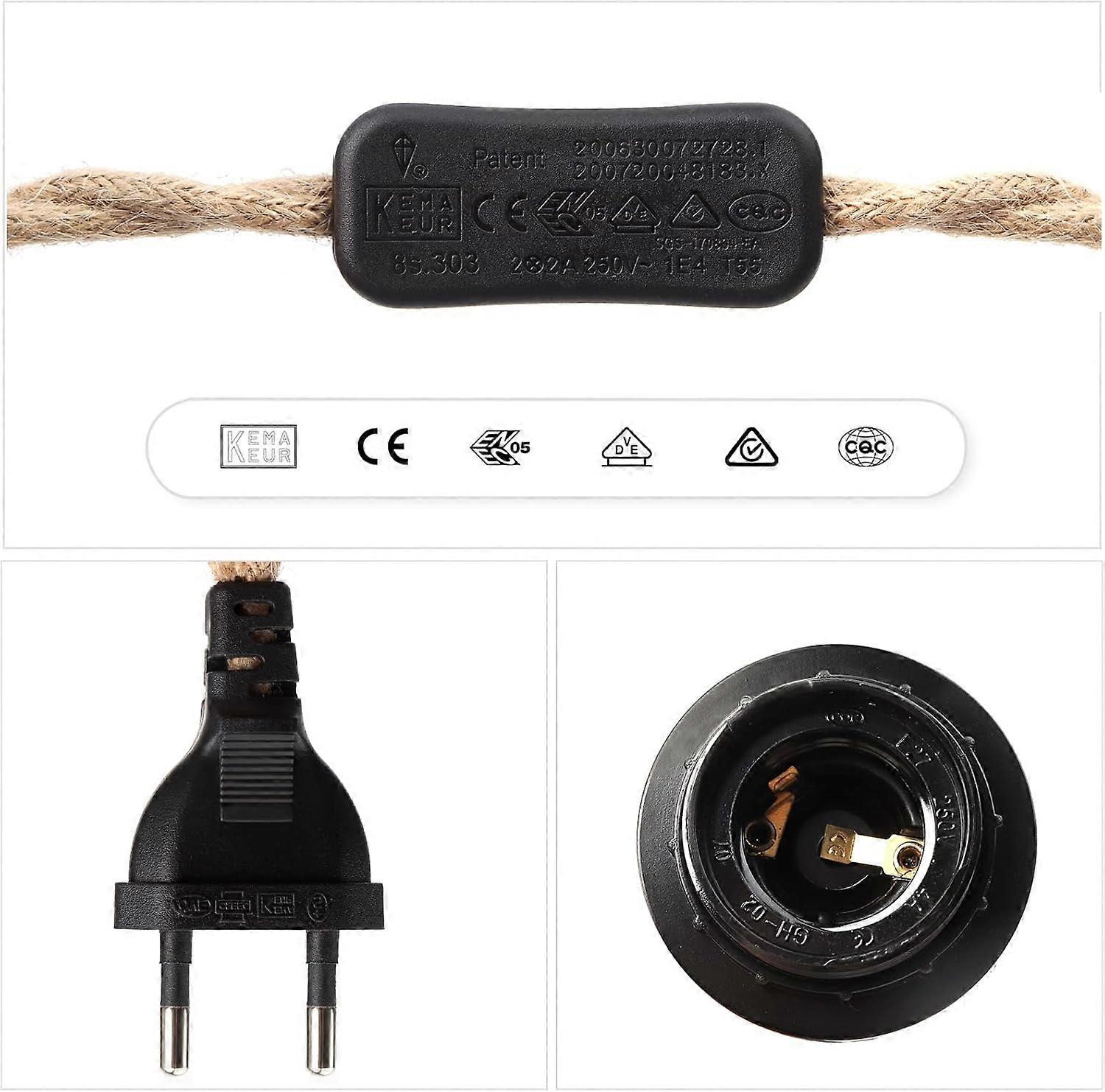 4.5m hemp rope pendant light cable, E27 socket switch with light bulb ...