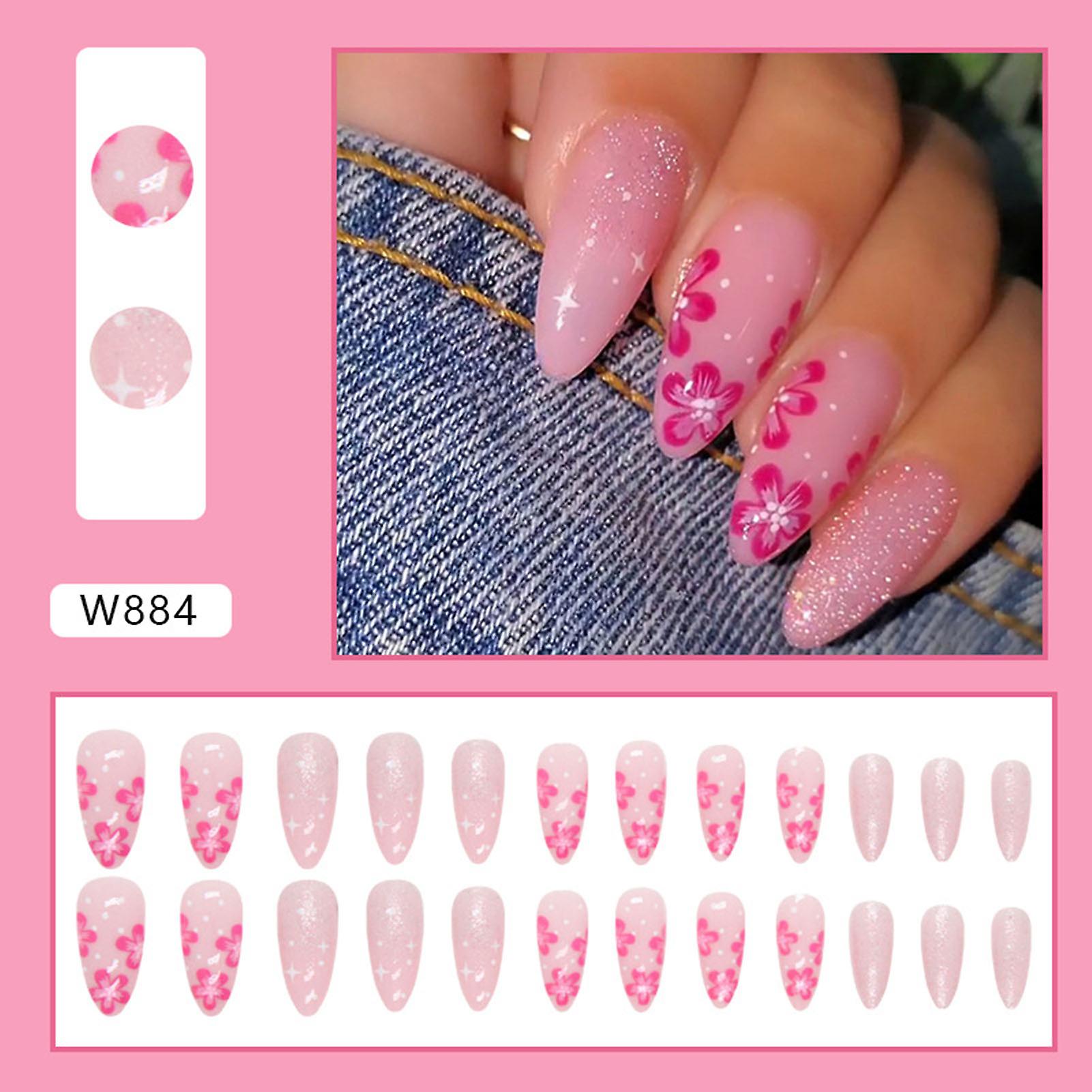 Pink Sakura Almond Fake Nails Sweet & Charming Reusable False Nails For ...