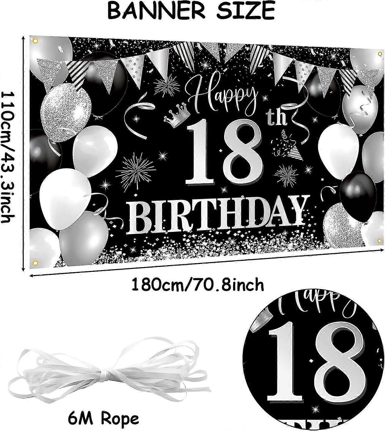 18th Birthday Backdrop Banner - Black Silver Large Fabric Photo ...
