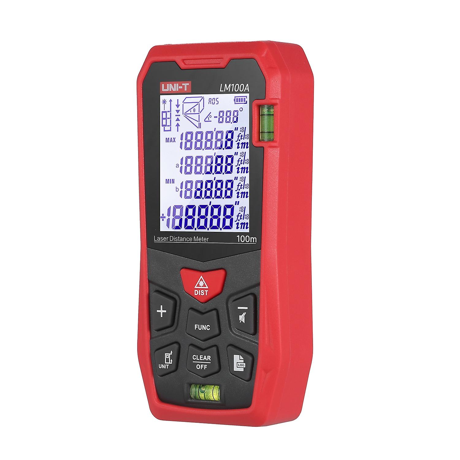 UNI-T LM100A Laser Distance Measure Meter 100M with 2 Bubble Levels LCD Backlit Display ...