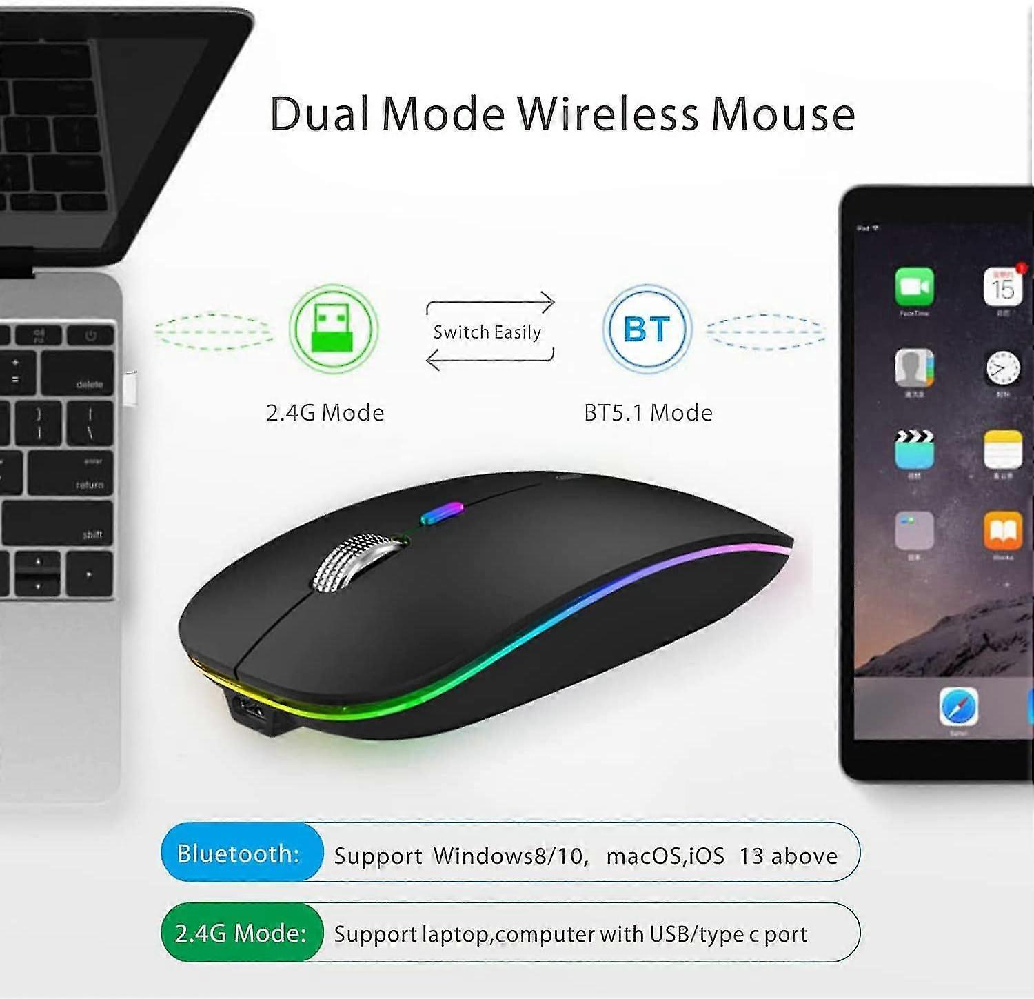 Wireless LED Mouse Rechargeable Silent 2.4GHz with USB | Fruugo UK