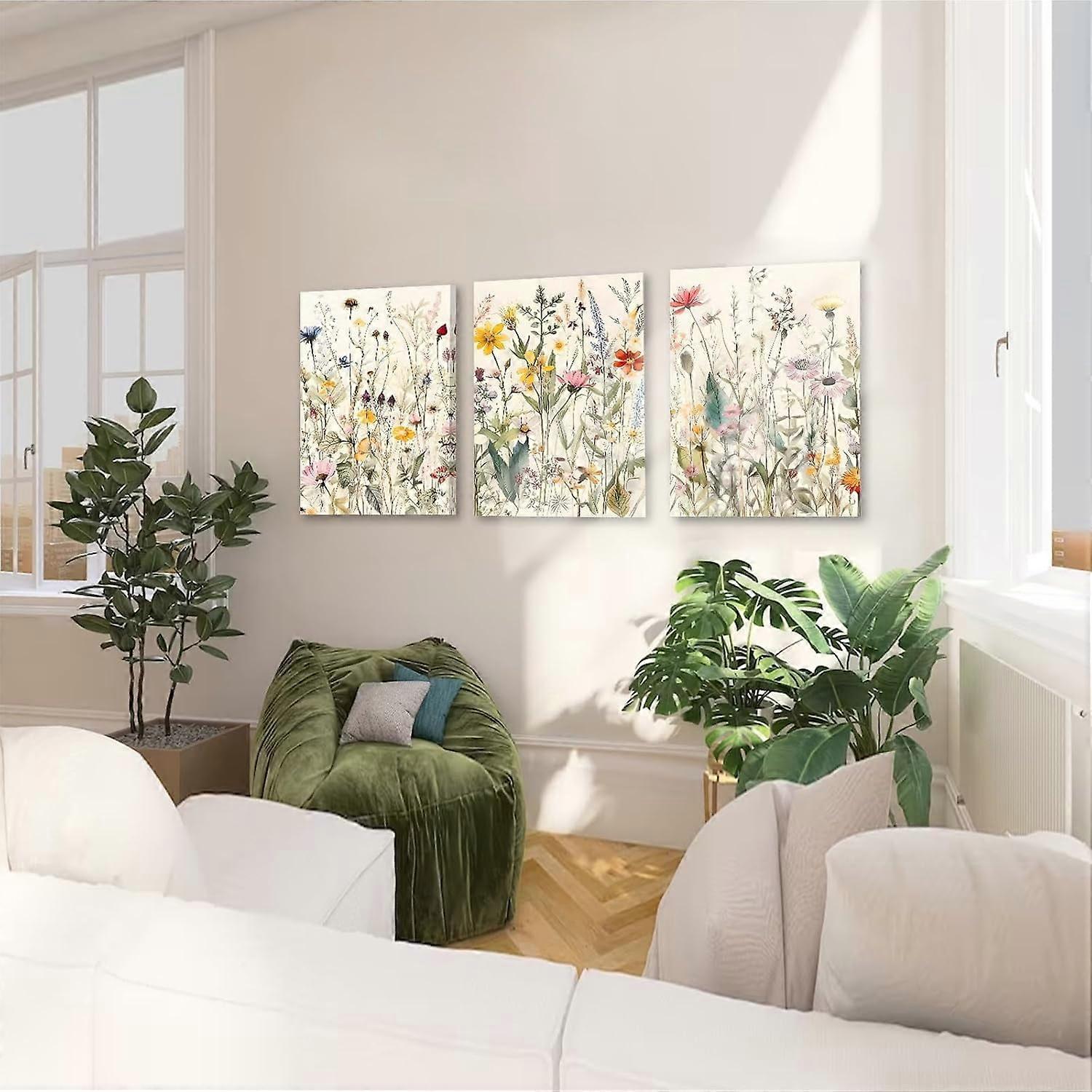 Framed Canvas Wall Art Set of 3 – Minimalist Floral, Boho Watercolor ...