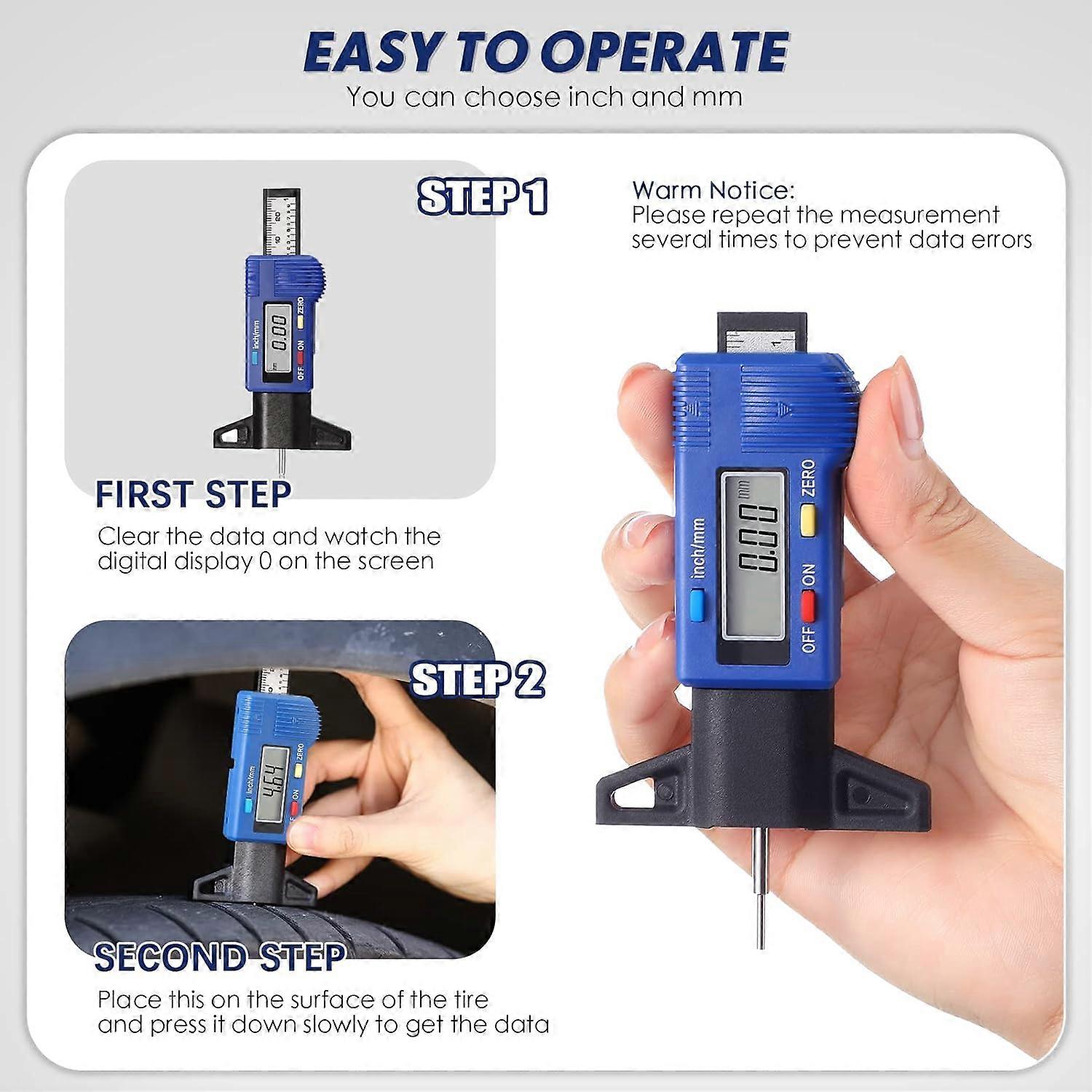 Tire Tread Depth Gauge Digital Tire Depth Gauge LCD Display Tire Thread Measuring Gauge Blue ...