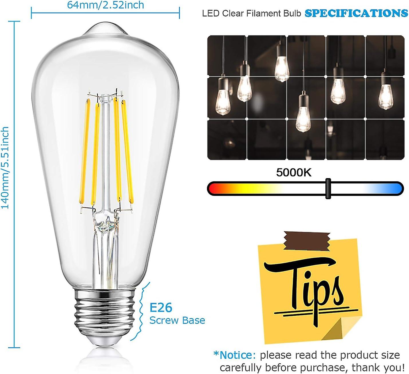 Vintage Led Dimmable Edison Light Bulbs 100w Incandescent Equivalent, 8w 1200lumens, E26 Base ...