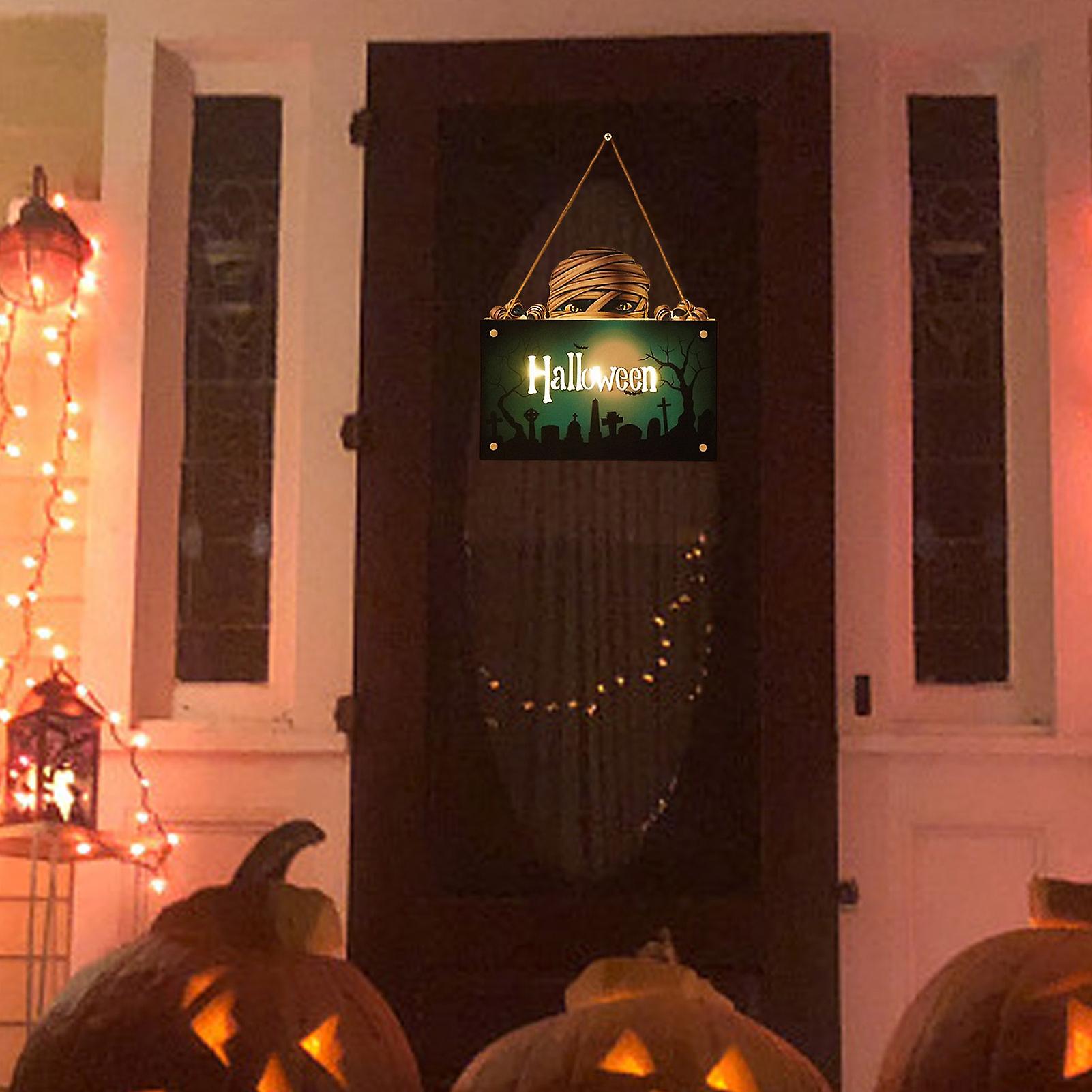 Light Up Door Halloween Sign Wood Block Scary Pumpkin Sign Lighted Wall ...