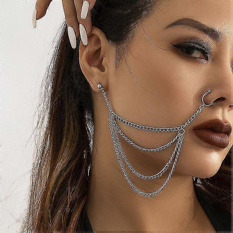 3pcs Punk Nose Rings Hoop Chain Fake Septum Ring Non Piercing Nose ...