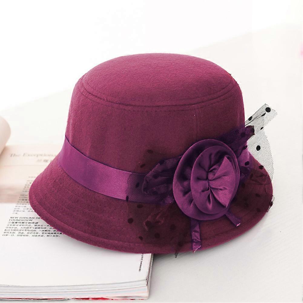 Vintage Women Solid Color Woolen Flower Decor Wide Brim Warm Cloche ...