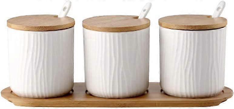 Ceramic condiment jar with lids Spoons Wooden serving tray for kitchen ...