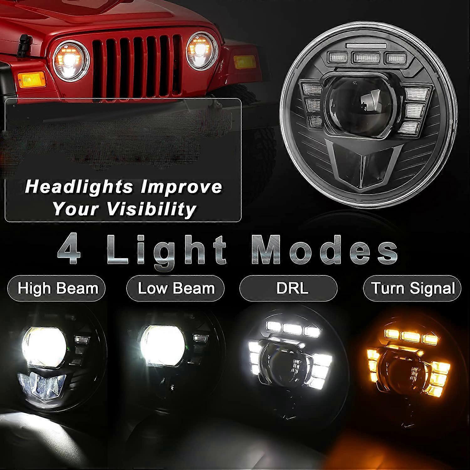 7 Inch LED Headlights, Round Headlights DRL Amber Turn Signal ...