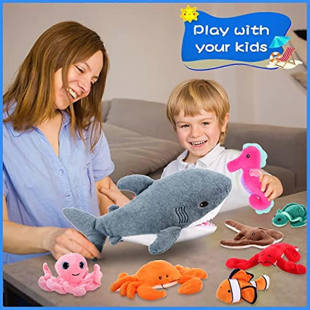 18 Inch Plush Great White Shark with 7 Pcs of Soft Stuffed Sea Animals ...