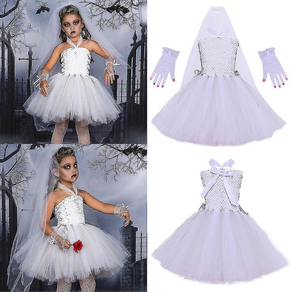 Girls Halloween Ghost Bride Cosplay Costume Dress Veil Vampire Tulle ...