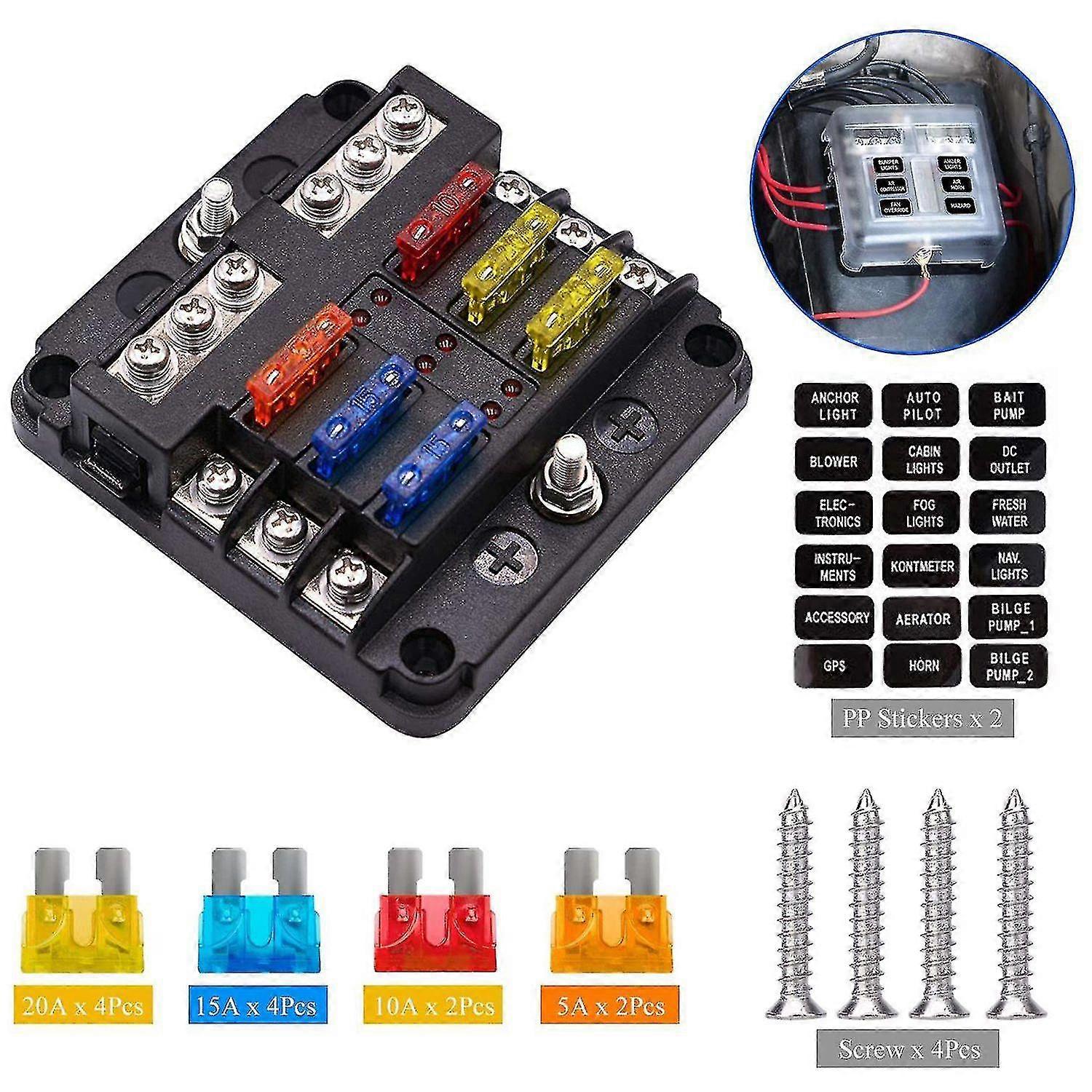 Waterproof Fuse Block - 6-way 12 Circuits Marine Fuse Box for DC 12V ...