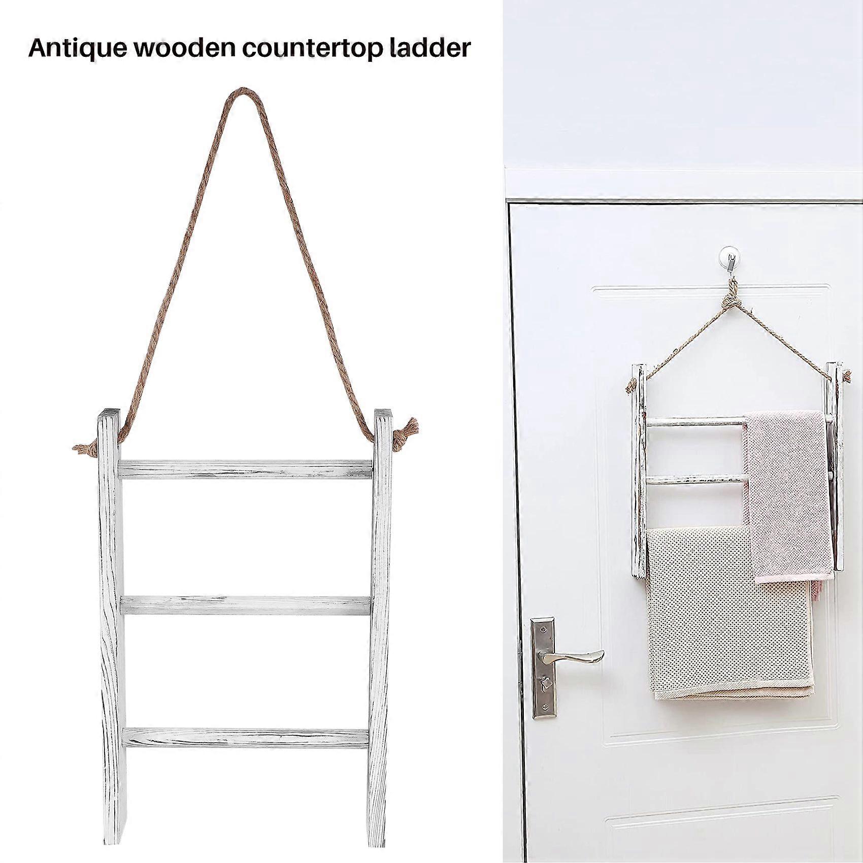 Wall-Hanging Towel Ladder Rustic Whitewashed Wood Countertop Ladder ...