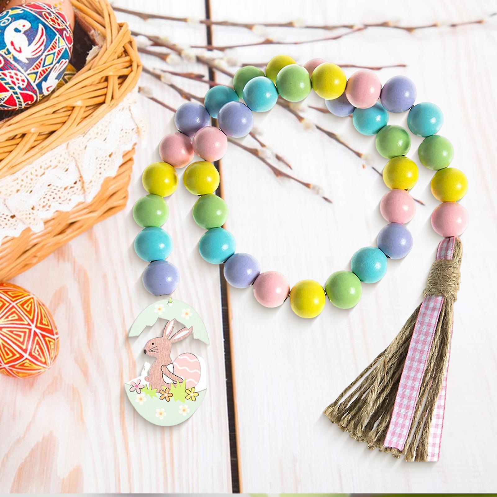 Easter Wood Bead Garland with Tassel Bunny Tags Boho Decor Farmhouse ...