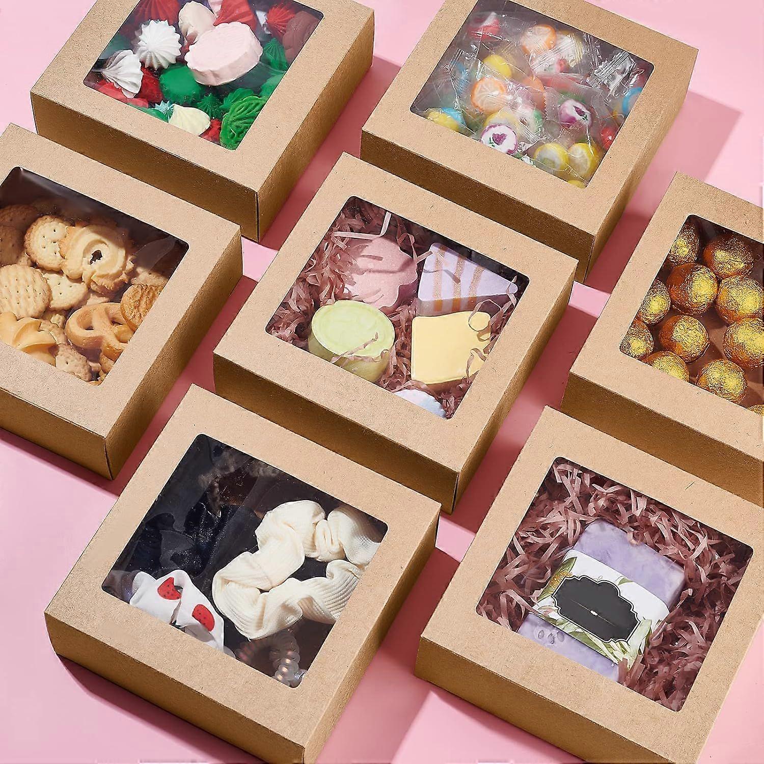 16Packs 5.5x5.5x2inch Clear PVC Square Window Gift Boxes Brown Kraft ...