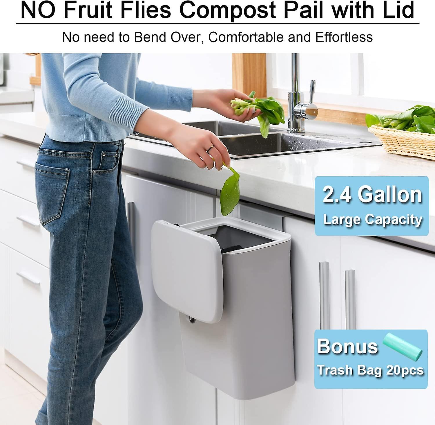 2.4 Gallon Kitchen Compost Bin - Under Sink - Hanging Small Trash Can ...