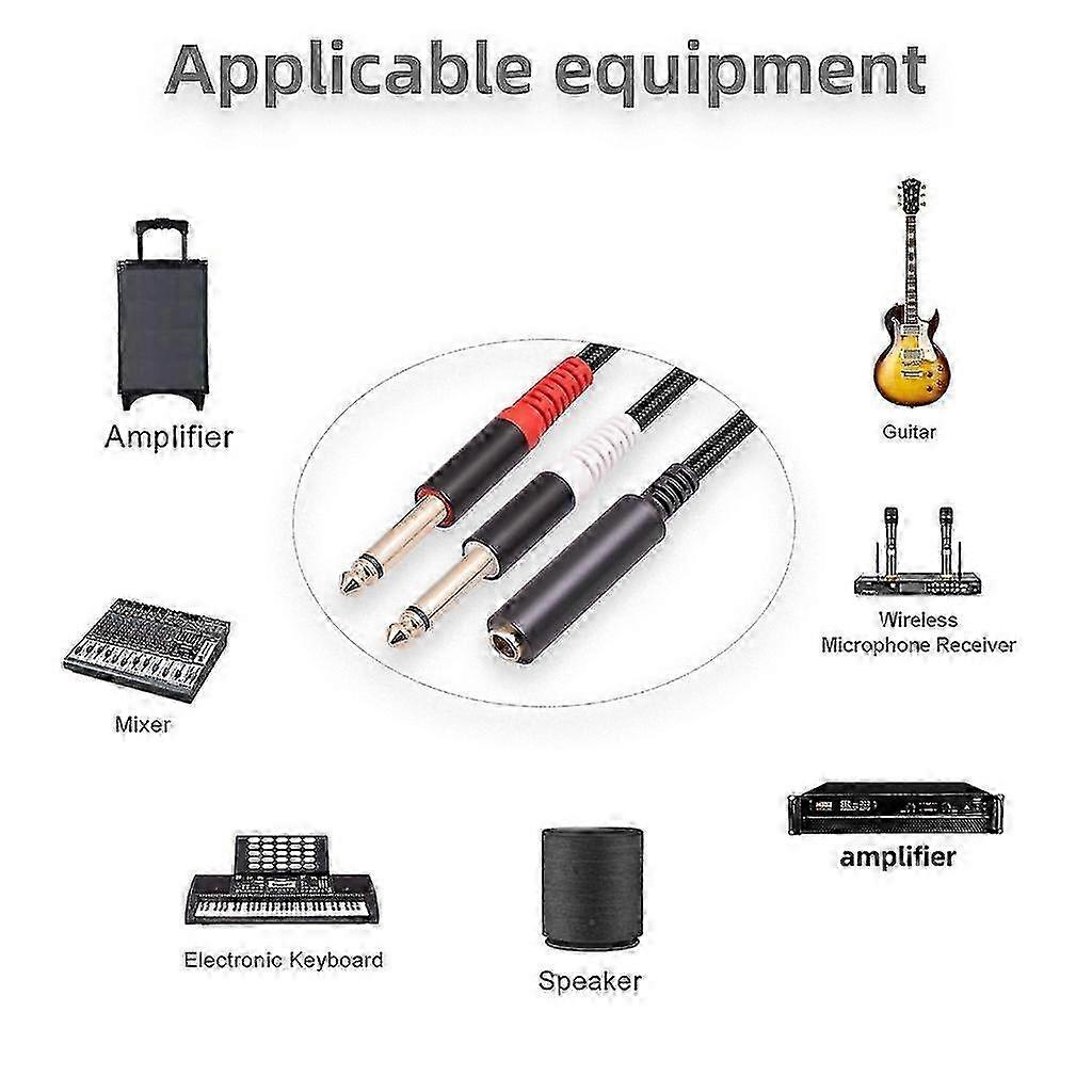 6.35mm 1/4" Stereo Female To Dual 6.35 Male Y Splitter Adapter Cable 6 ...