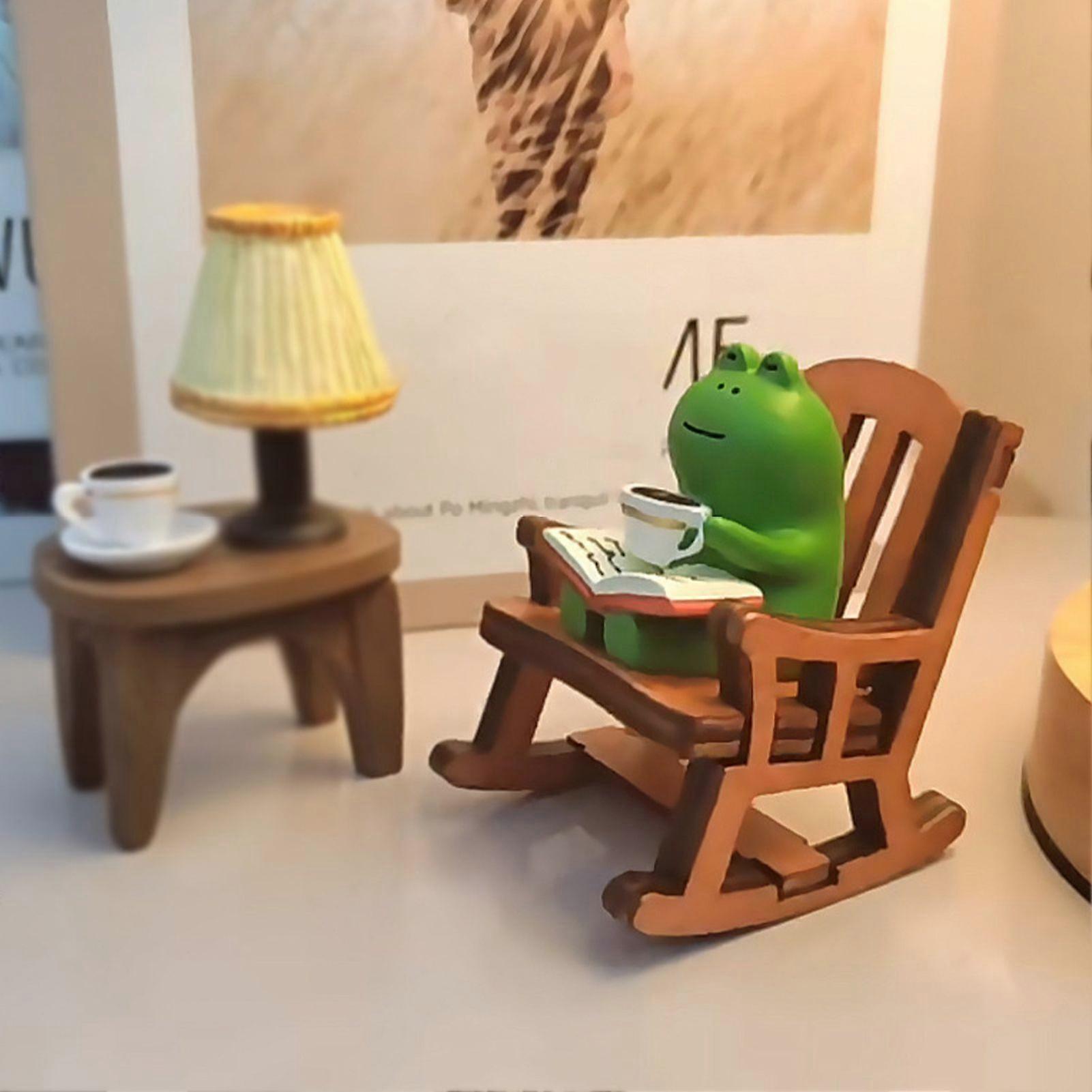 Miniature Frog Figurines Rocking Chair Design with Book Coffee Resin ...