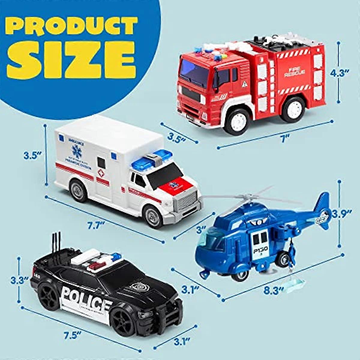 4 Packs Emergency Vehicle Toy Playsets, Friction Powered Vehicles with ...