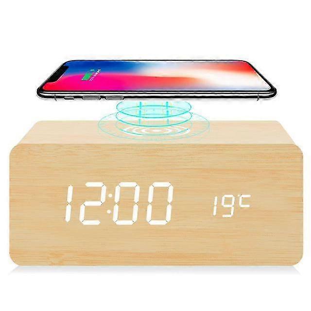 Wooden Digital Alarm Clock (bamboo) With Wireless Charging, Adjustable ...