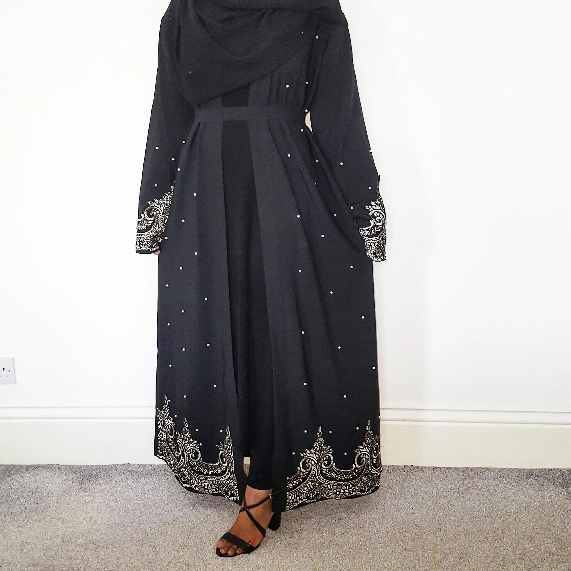 Open Abaya Dubai Women Muslim Dress Beading Kaftan Turkish Clothing Lace-up Big Swing Long Robe ...