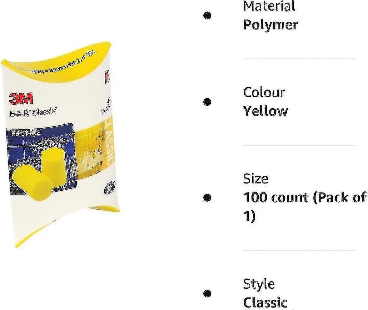 3m Ear Classic Ear Plugs, 50pairs Packed In Pairs, Yellow, Snr = 28db ...