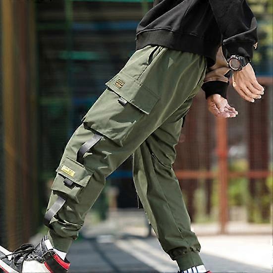 Cool Solid Color Men Cargo Pants Casual Ealstic Waist Hip Hop Trousers ...