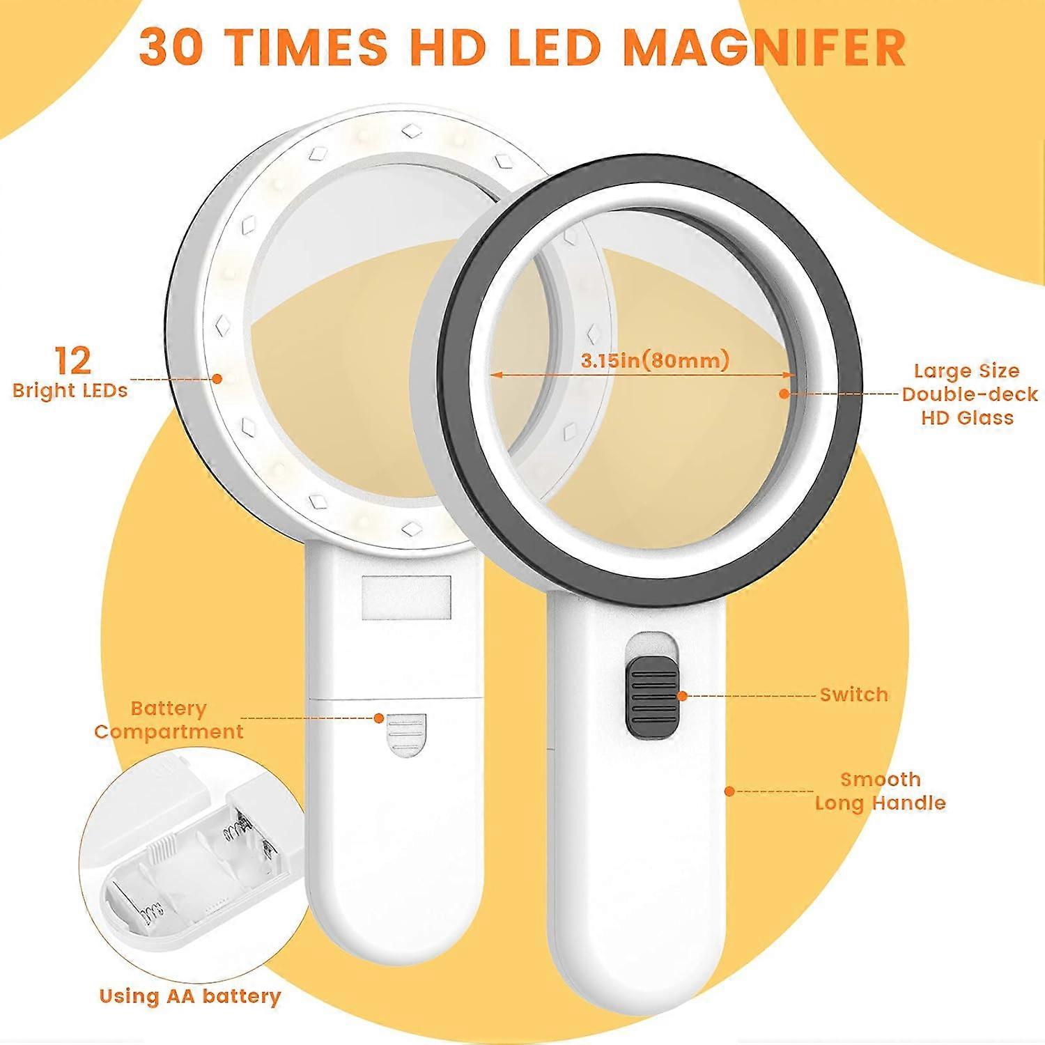 Magnifying Glass with Light, 30X Handheld Large Magnifying Glass 12 LED ...