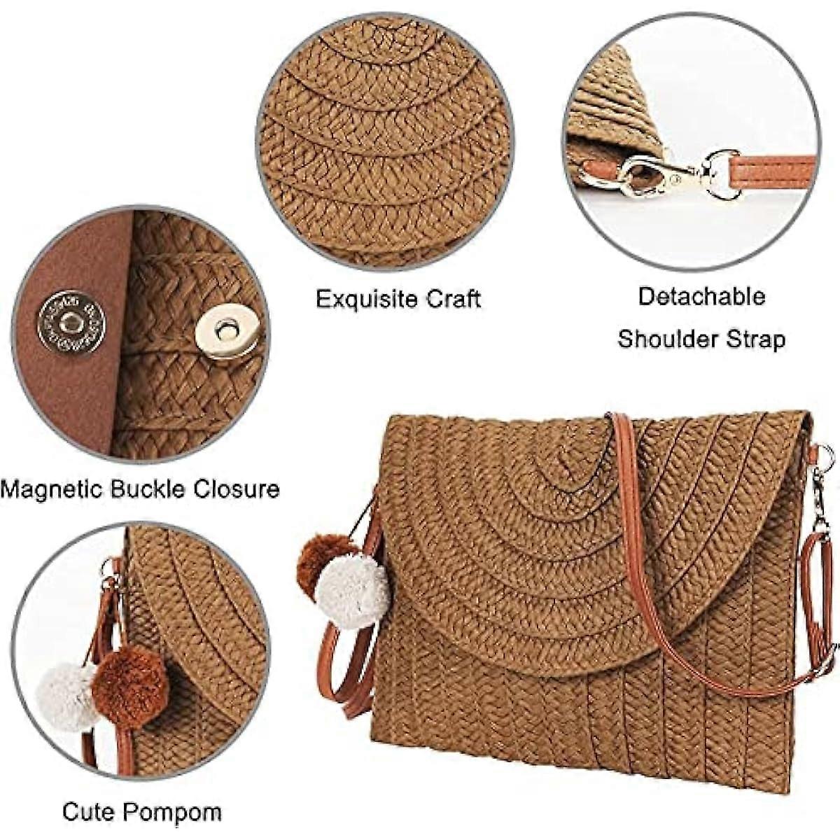 Straw Shoulder Bag Straw Clutch Women Hand-woven PomPom Straw Crossbody ...