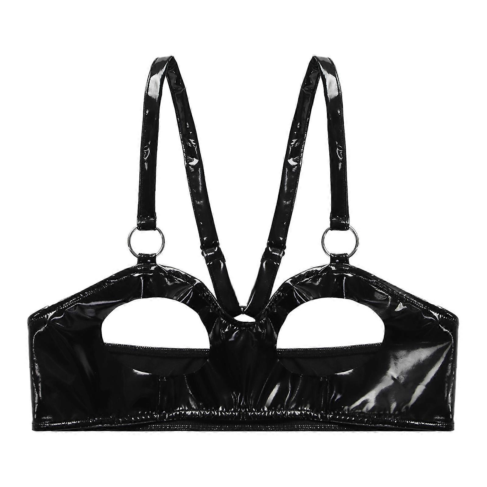 Womens Lingerie Wet Look Patent Leather Open Cup Bra Tops Adjustable ...