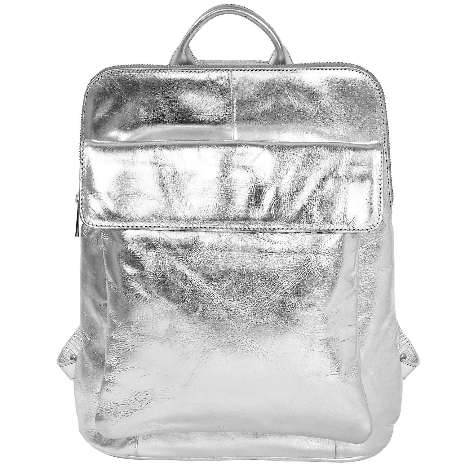 Silver Metallic Leather Flap Pocket Backpack | Fruugo UK