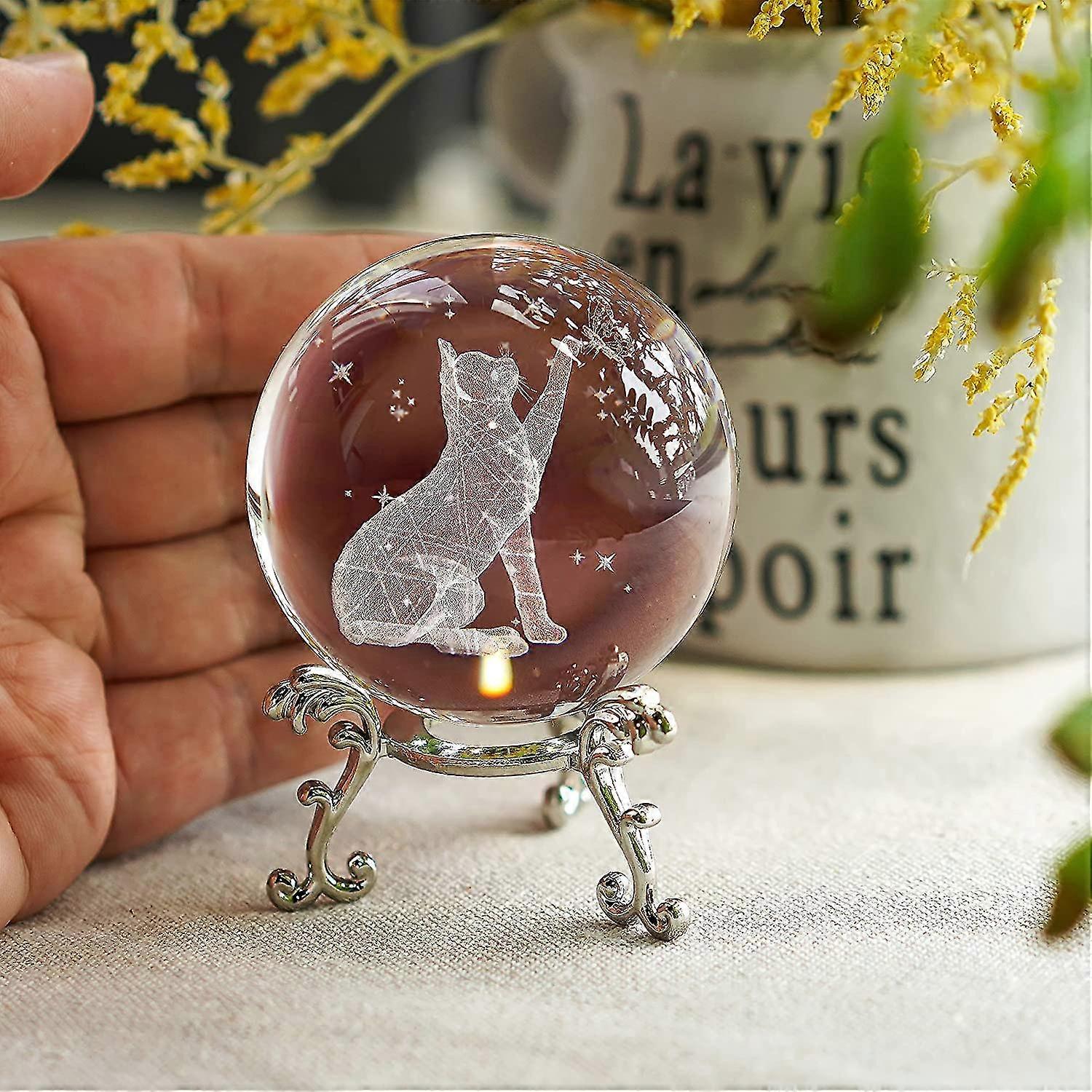 3d Crystal Ball Laser Cat Figurine Glass Paperweights Ball With Stand ...