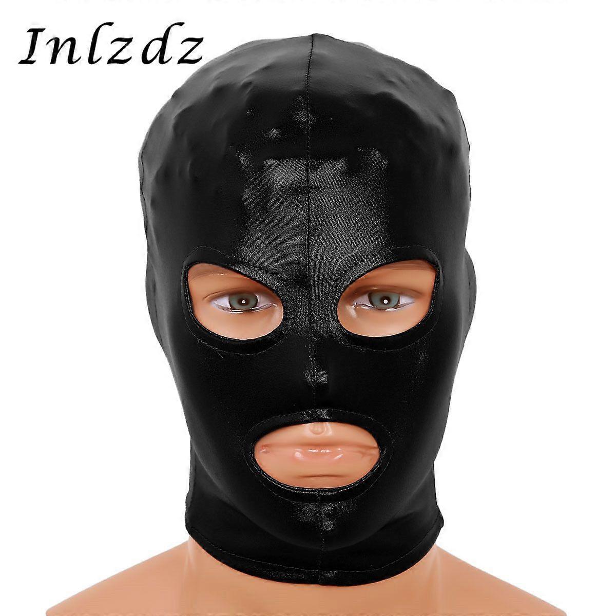 Mens Women Latex Hood Mask Cosplay Outfit Shiny Metallic Open Eyes and ...