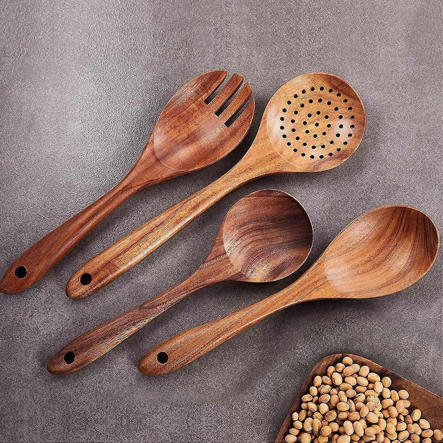 Wooden Kitchen Utensils Set,9 Pcs Wooden Spoons for Cooking,Wooden ...