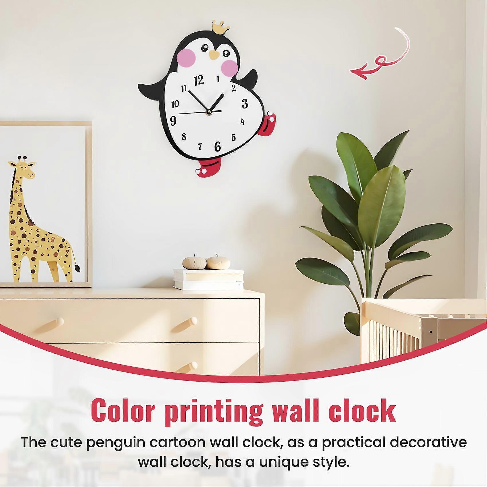 Cute Penguin Cartoon Wall Clock Silent Movement Nursery Bedroom Kids ...