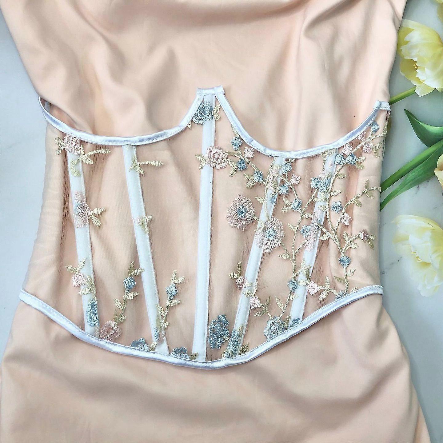 Women Lolita Abdomen Corset Tight Fitting Floral Embroidery Mesh ...