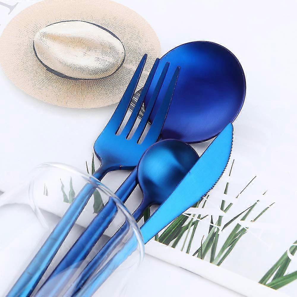 4 Piece Blue Cutlery Set Stainless Steel Flatware Dinner Set Knife Fork ...