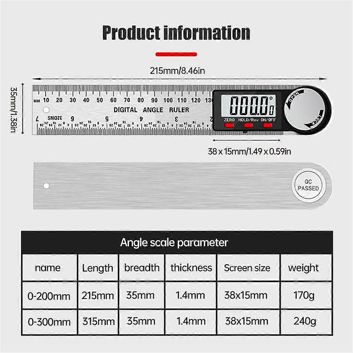 Digital Display Angle Ruler,2-In-1 Precision Ruler & Digital Angle Finder Protractor, (Stainless ...
