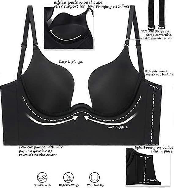 Womens Low Back Bra Wire Lifting Deep U Shaped Plunge Backless Bra with ...